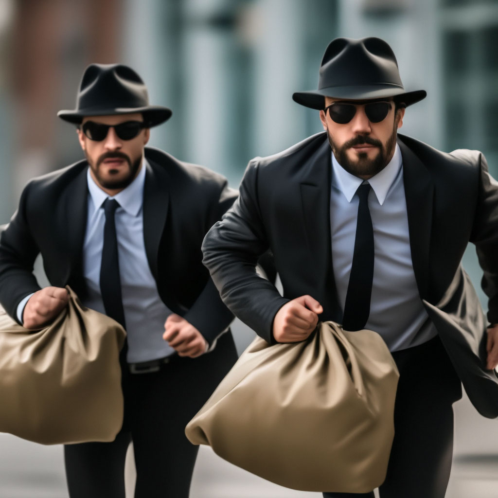 "LET'S GO! two fleeing bank robbers with bags of loot, funny, beautiful ...