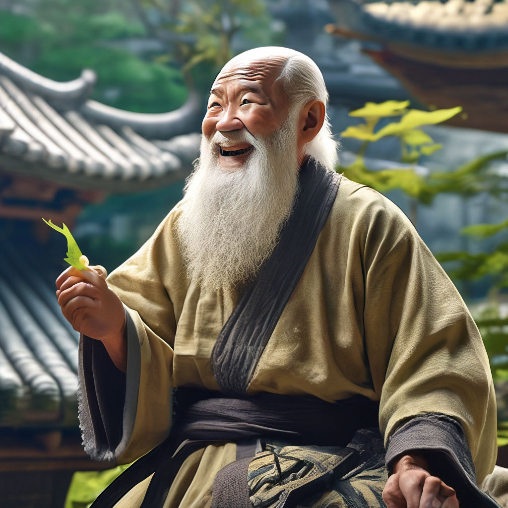 "Top view from the back, a magical old Zen master with a beard laughs ...