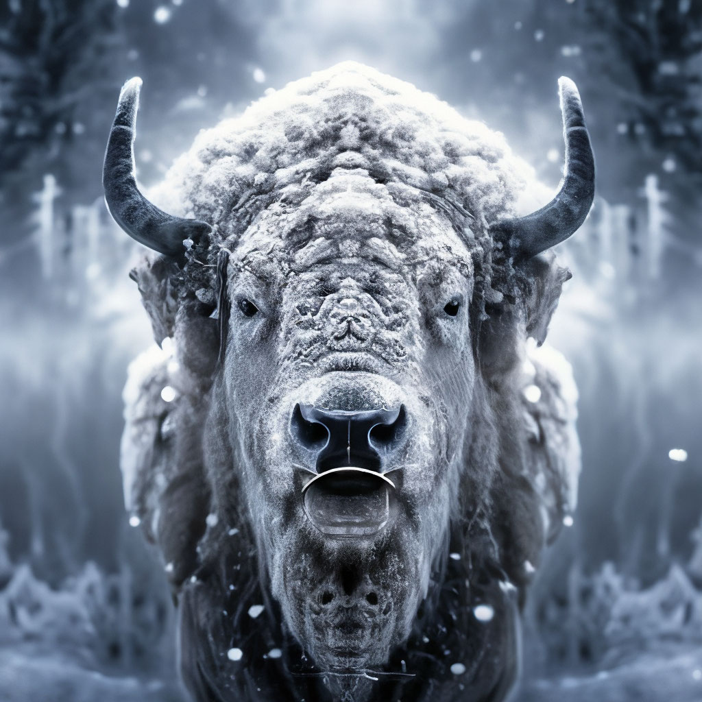 "Hyperrealism, the old huge white bison consists of clouds, steam ...