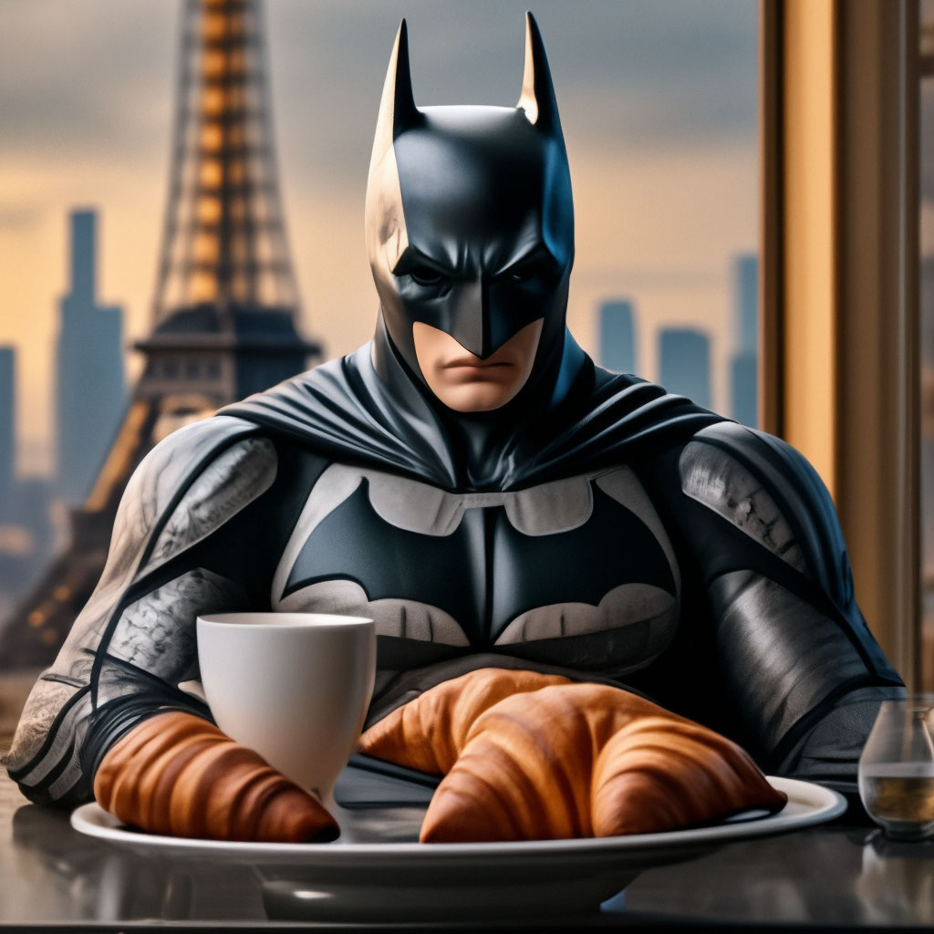 "Batman drinks coffee, a plate of croissants, against the backdrop of ...