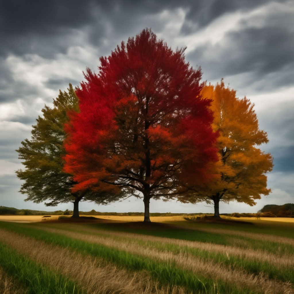 "There are three trees with red yellow green leaves in the field ...