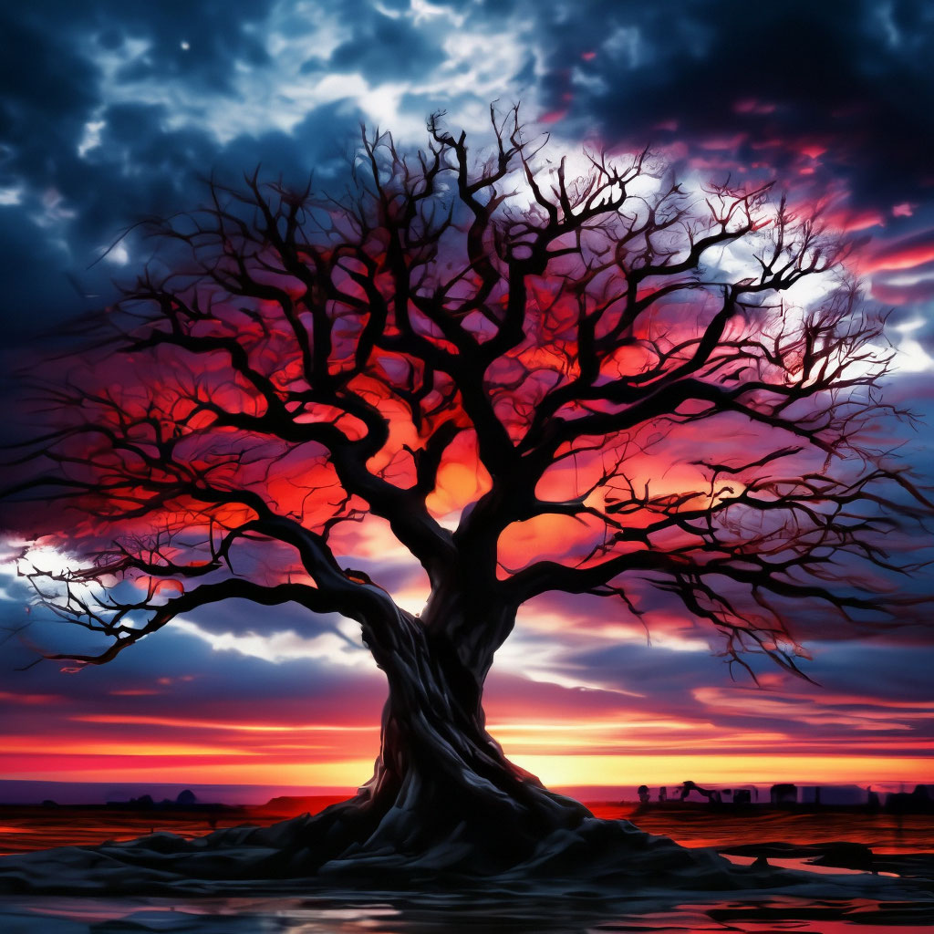 "🫧 Metamorphosis, moon striped tree of scarlet and indigo clouds of ...