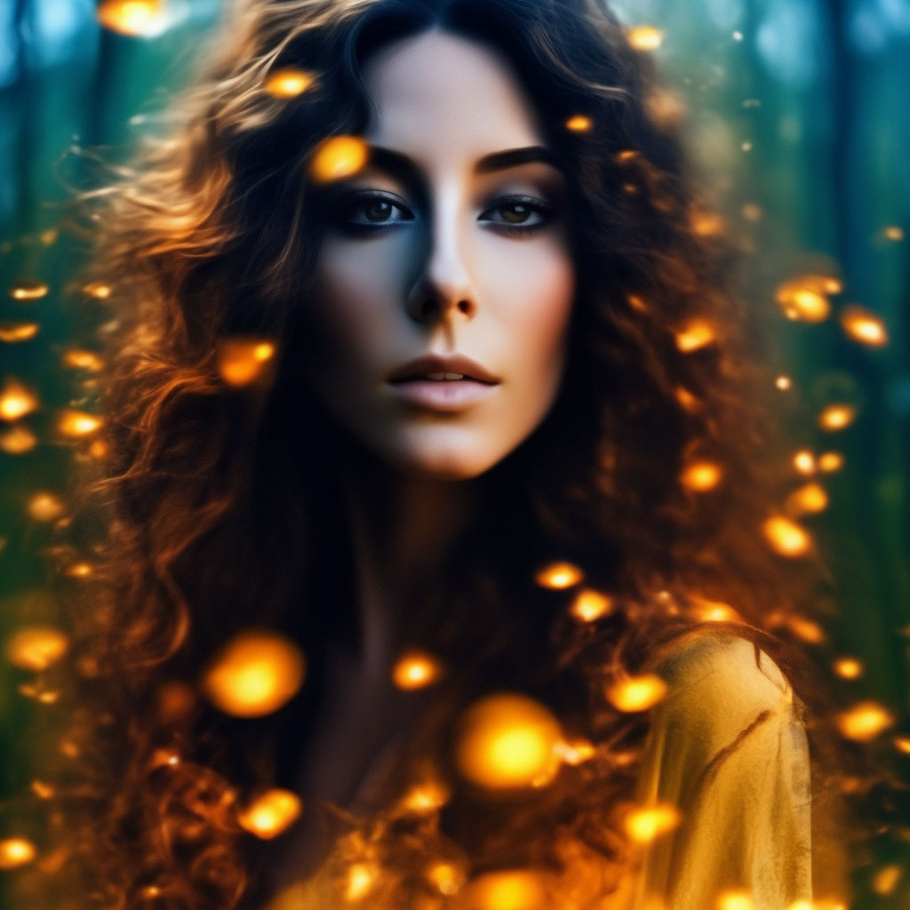 "Double exposure, cher+ swarm of fireflies around+ tongues of light ...