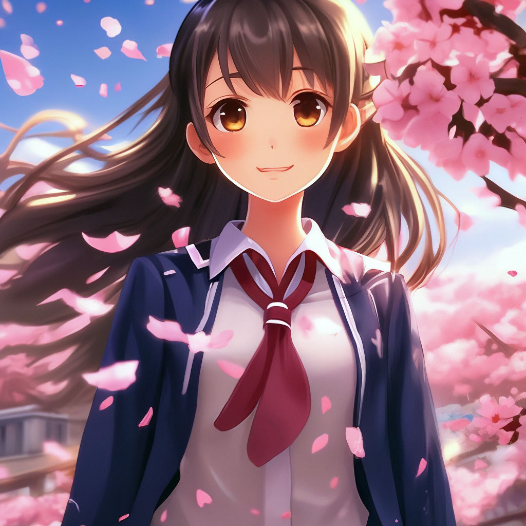 "Anime girl in school uniform. Sakura petals are falling." — image ...