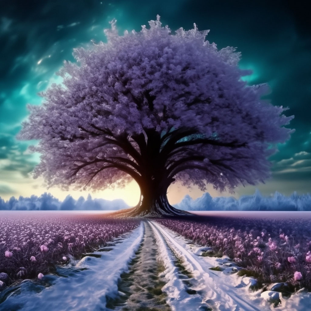 "Intricate wonderful landscape, winter and summer, floral tree crown ...