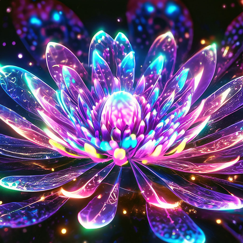 "Luminous cosmic flower, blooms, enveloping a neon mini planet in a ...