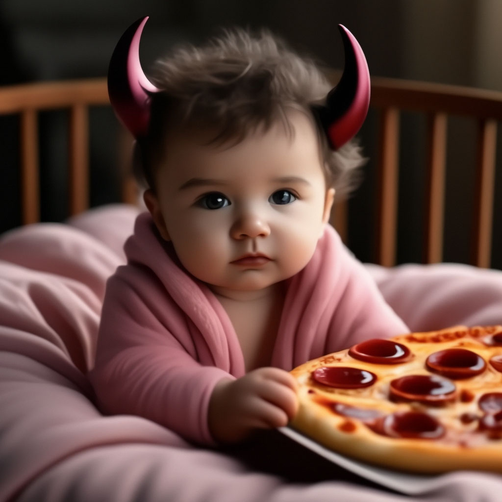 "Realistic tiny fluffy baby demon, a bow on his head, pizza in his ...