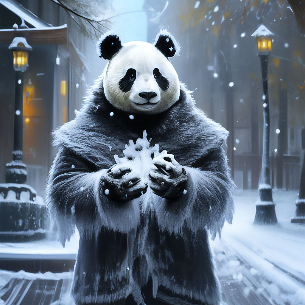 "Anthropomorphic Panda with hands made of ice, walking along an autumn ...