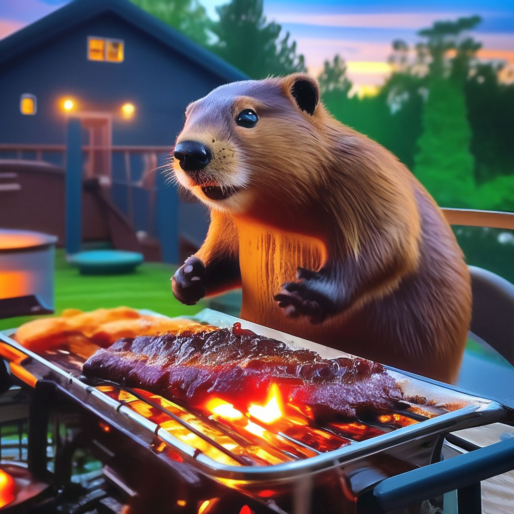"An epic hybrid of a beaver and a man, frying a barbecue on the grill ...