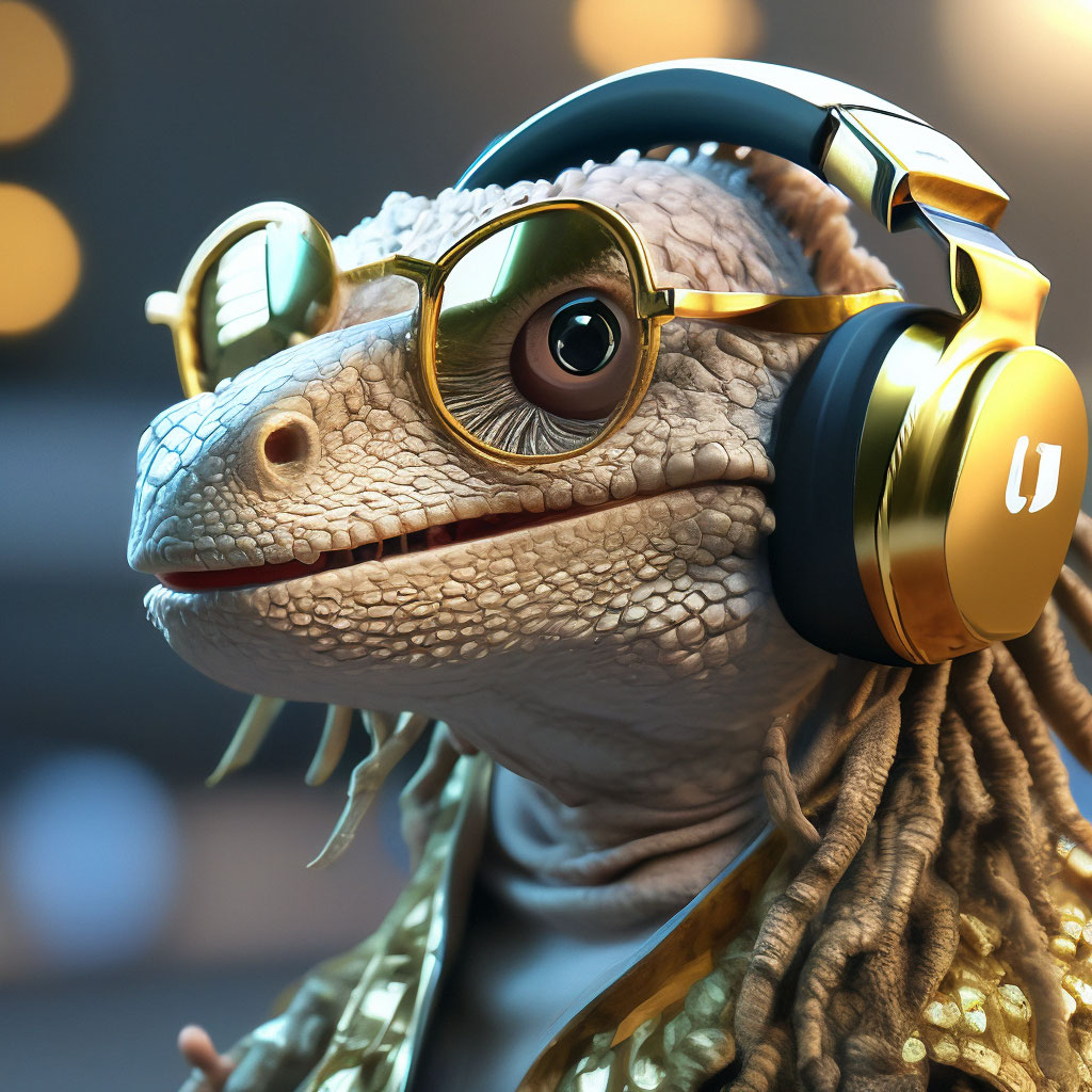 "Anthropomorphic monitor lizard with dreadlocks, wearing gold glasses ...
