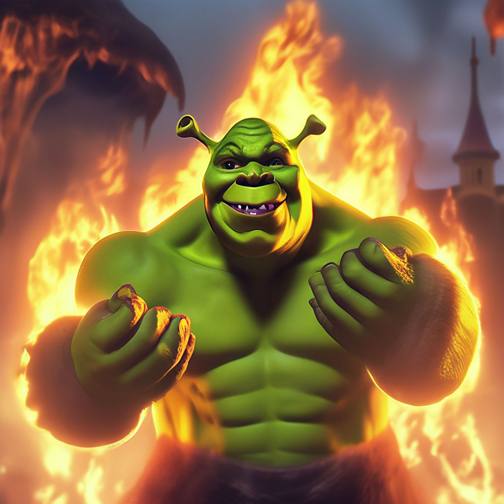 "Fire - breathing Shrek" — image created in Shedevrum
