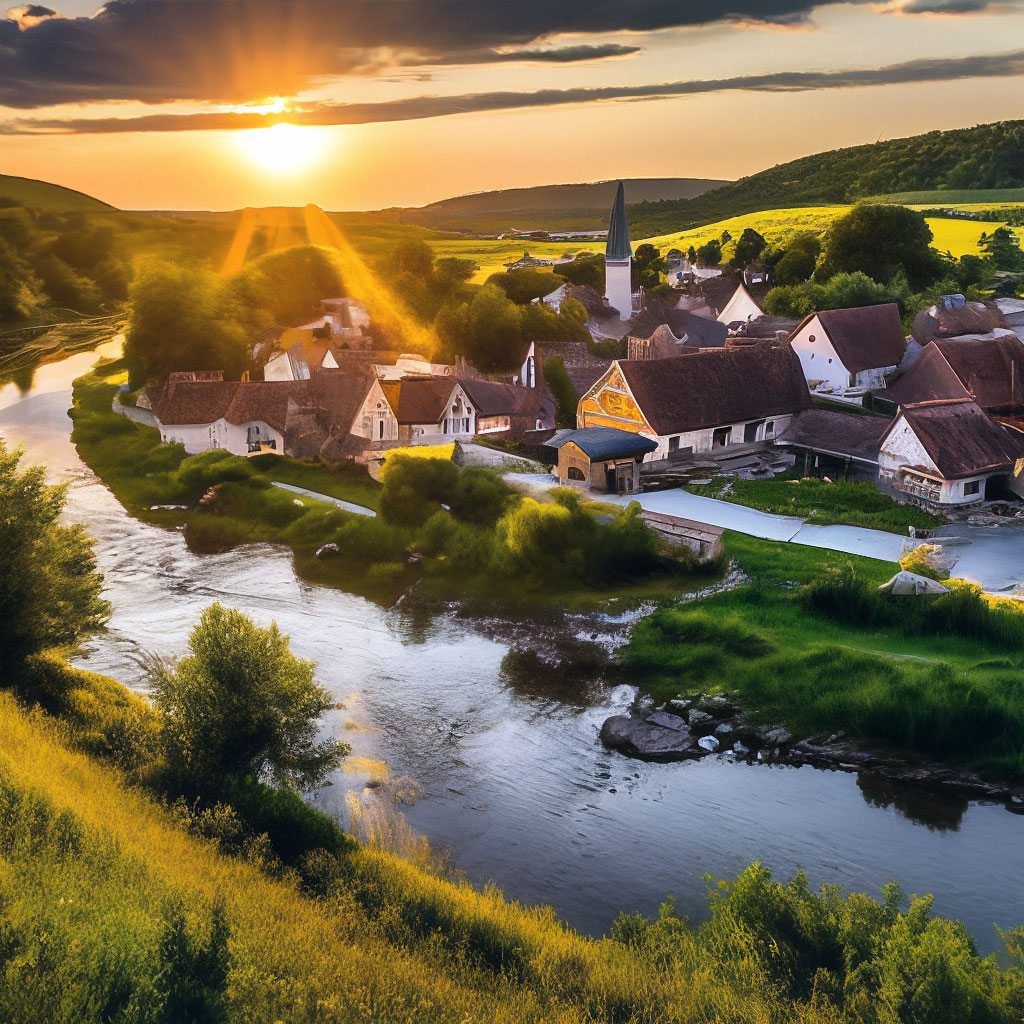 "View from afar,village across the river after sunset in summer ...
