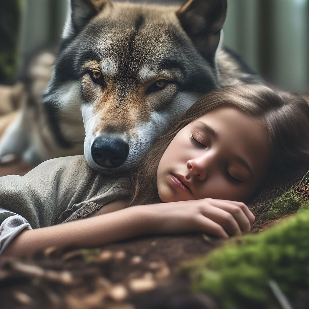"Wolf guards a girl sleeping on the ground in the forest aesthetically ...