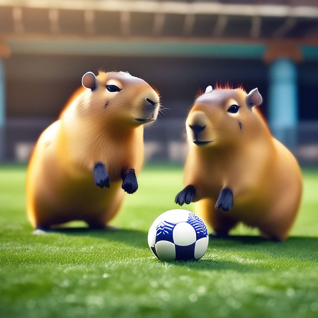 "Capybara plays soccer with his friend capybara, 32K, high quality work ...
