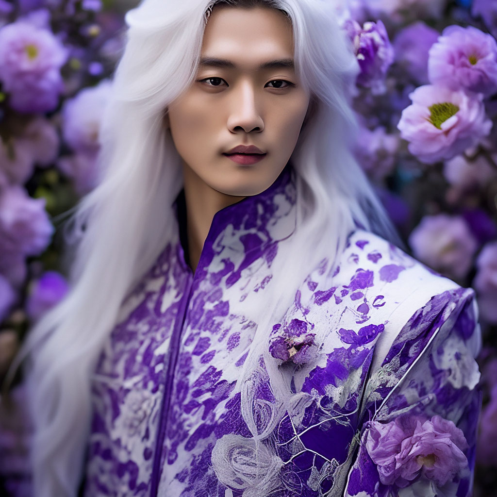 "A beautiful Chinese man in a scattering of airy purple flowers, long ...