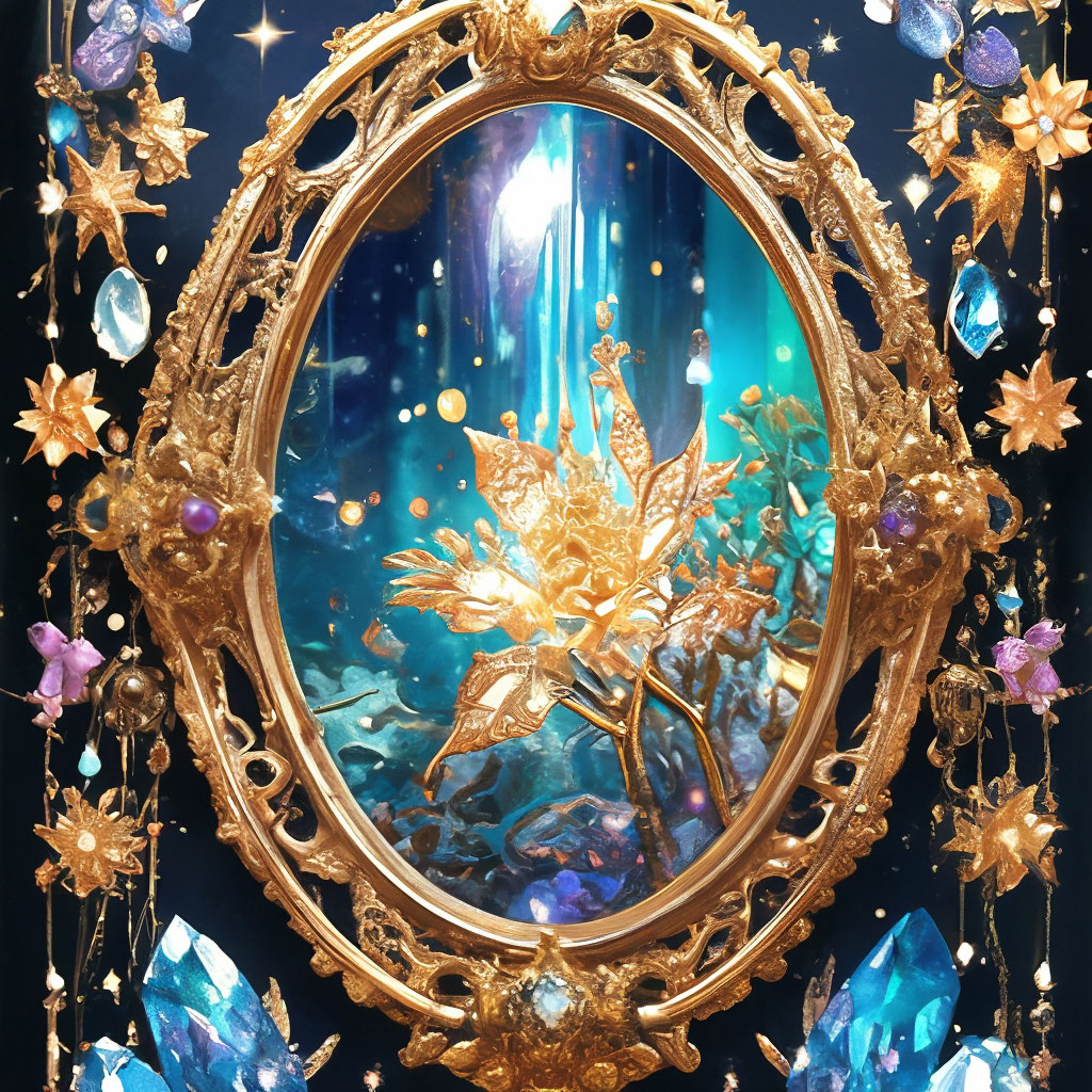 "Crystal magic mirror in antique style, decorated with precious stones ...