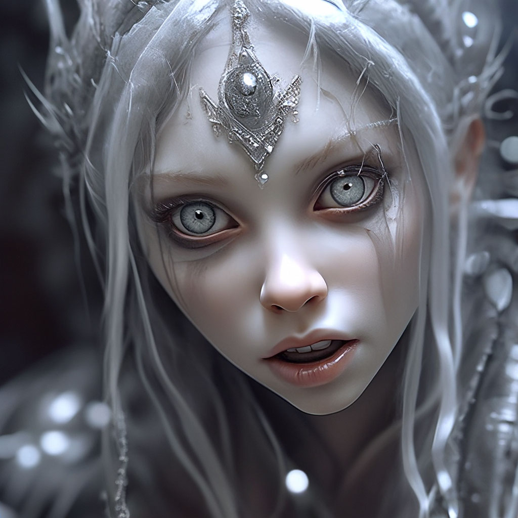 "Scared cute elf beautiful, pale gray huge eyes drawing with silver ...