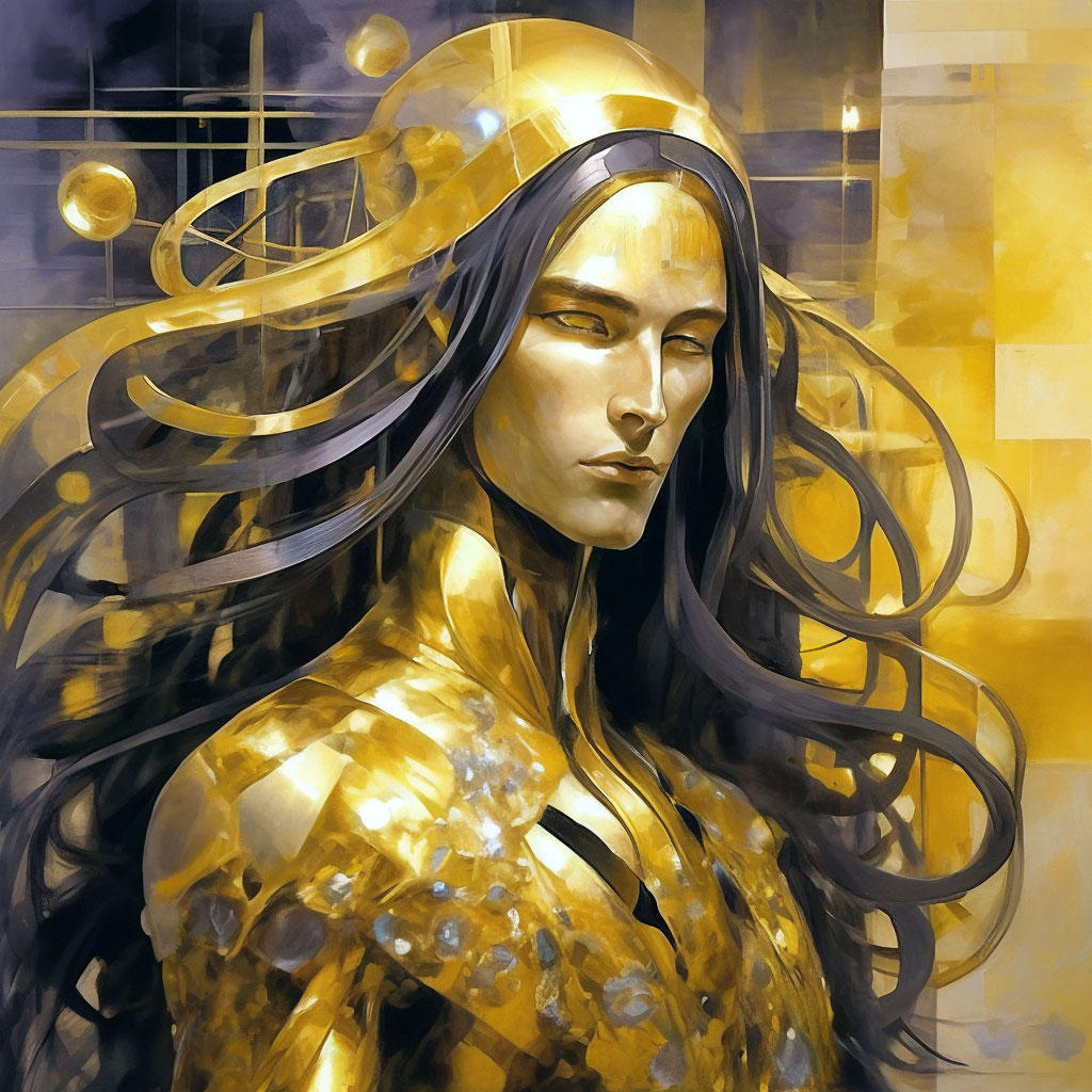 "Golden Anima , techno magician, beautiful male face, Italian, long ...