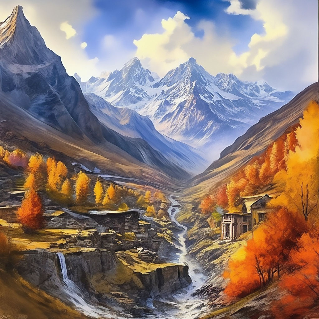 "Autumn in the Caucasus, mountains, realistic, detailing, engraving ...
