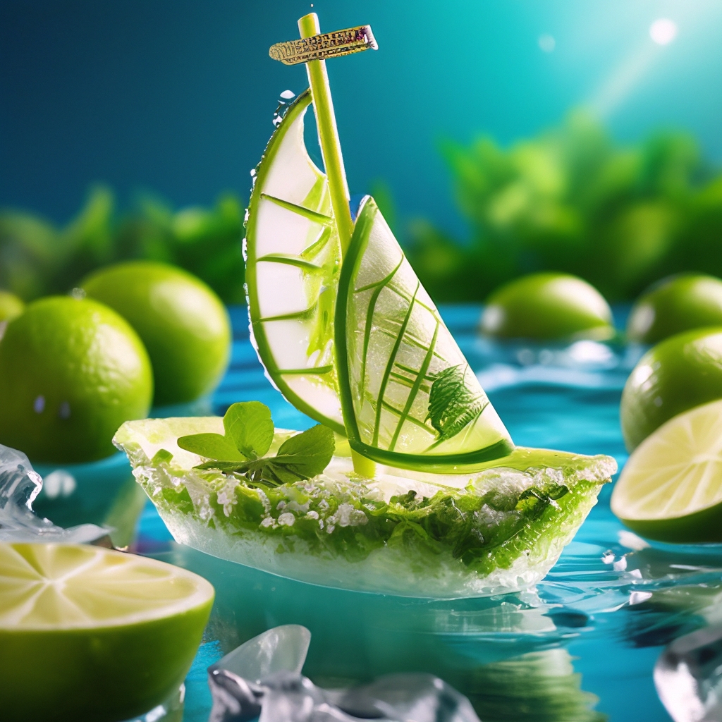 "A sailboat made of lime floats in a mojito pool, sails made of lime ...
