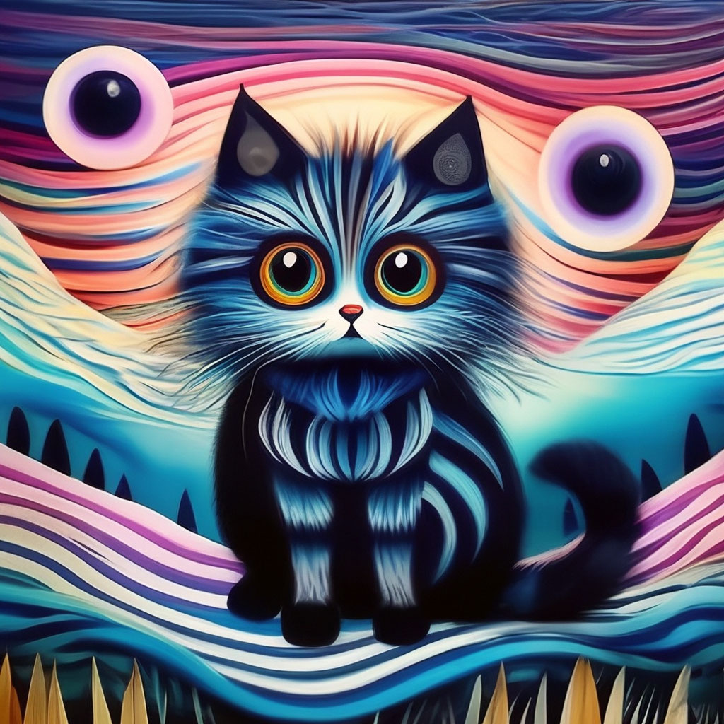 "Magical landscape, striped dark fluffy cat with huge dark eyes ...