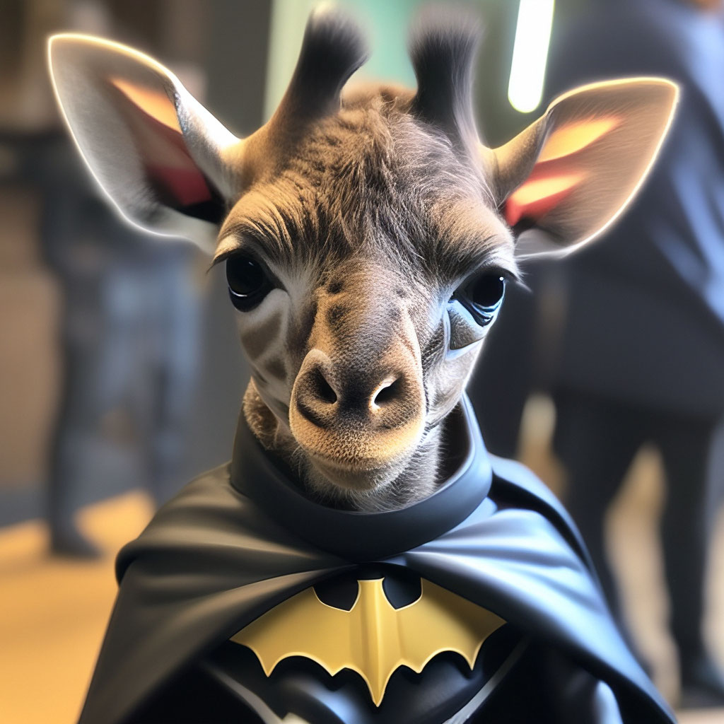 "Baby giraffe in the body of Batman" — image created in Shedevrum