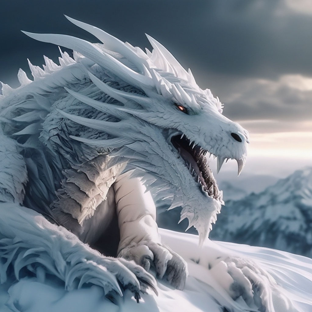 "White ice dragon , on top of a mountain, lying in the snow, , 4k, high ...