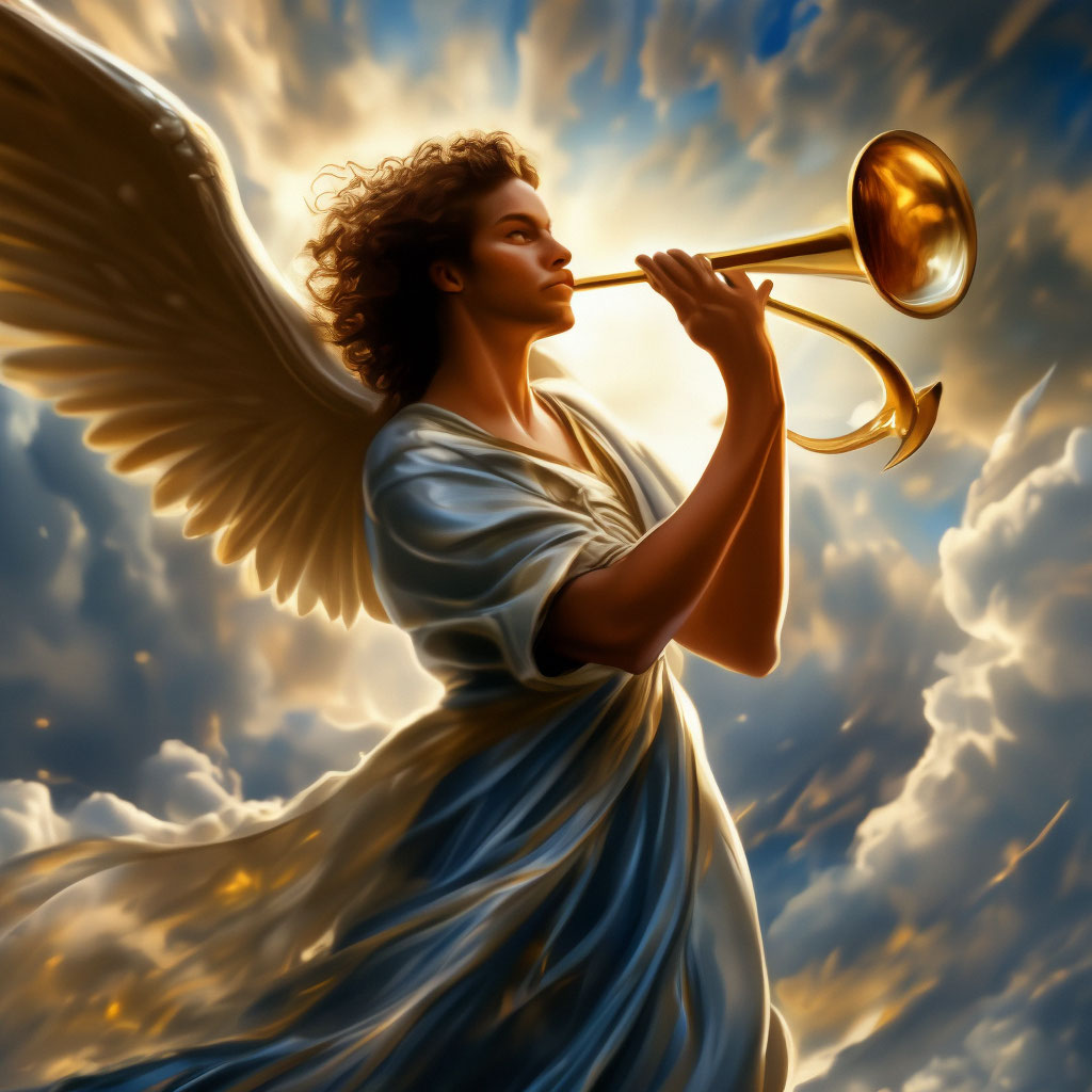 "An angel blows a trumpet in the sky, rays of light, stardust, glitter ...