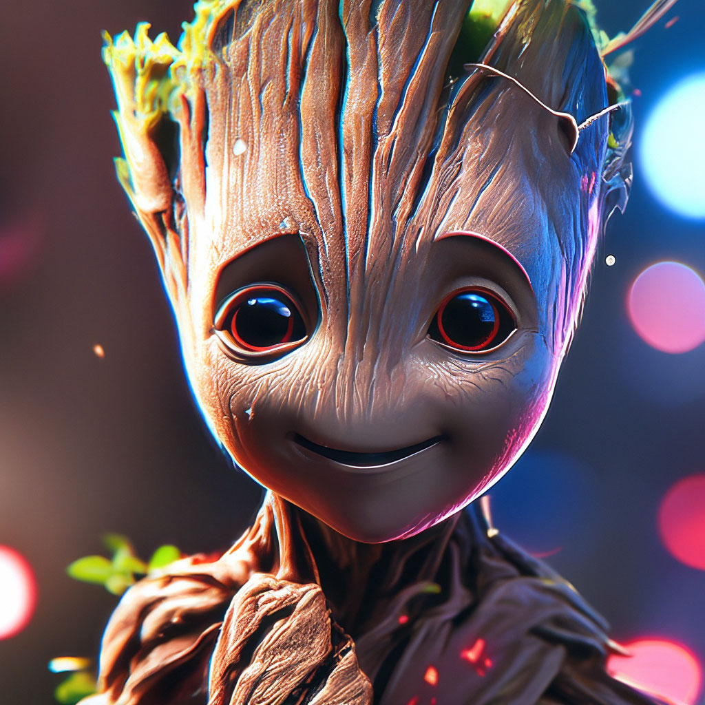 "Little cute Groot, realism, beautiful, black and red, 64k, ivory ...