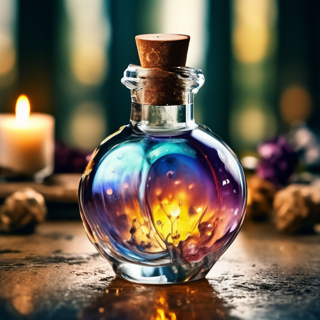 "Realistic photo, incredibly beautiful bottle of liquid luck potion ...