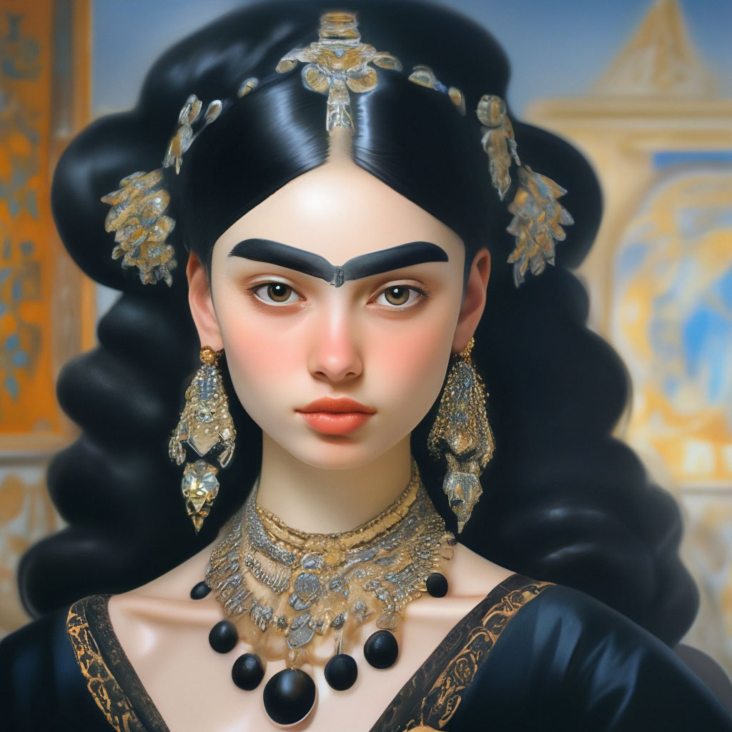 "🐾oil portrait, a beautiful oriental Uzbek girl with one monobrow on ...