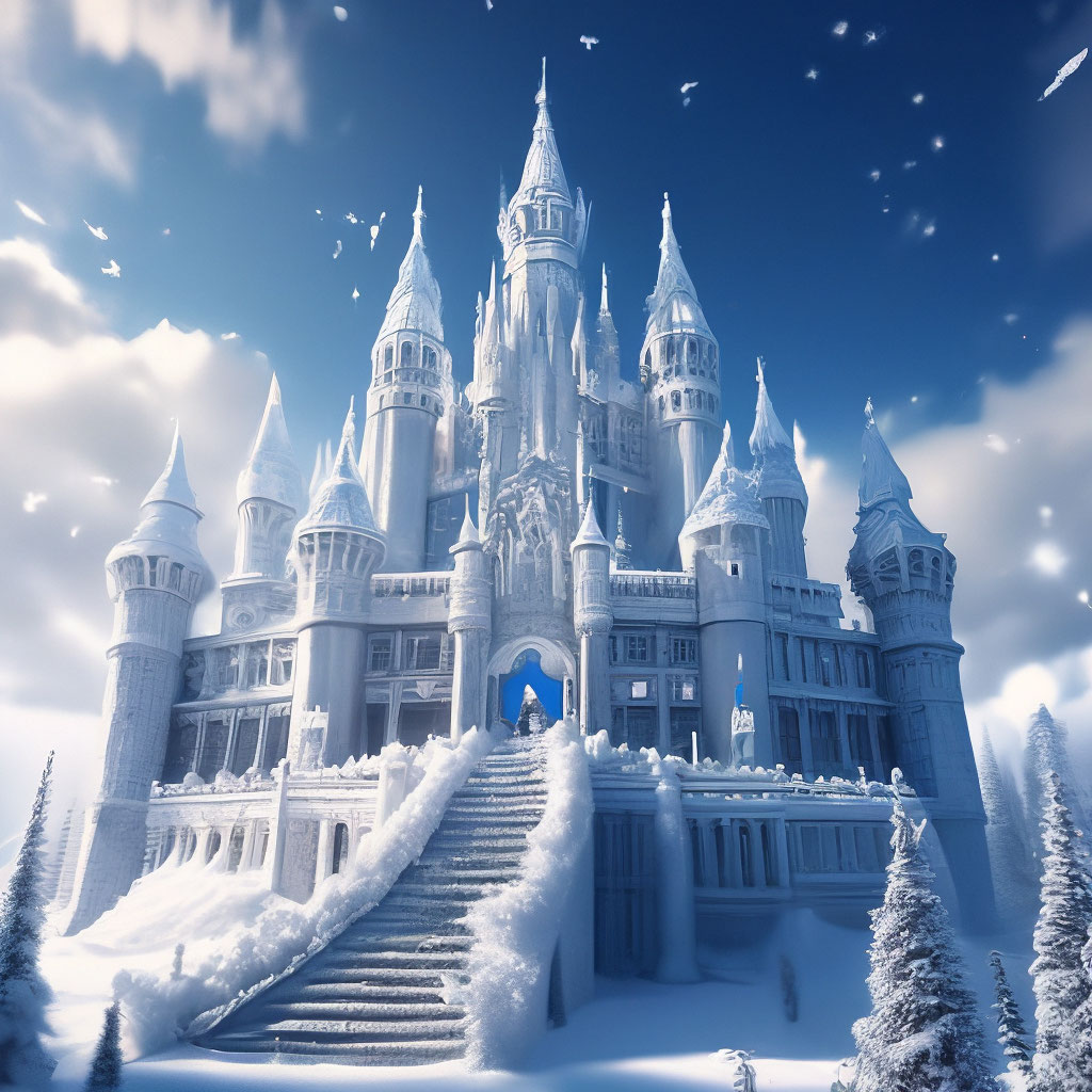 "The big castle of the snow queen with blue-white ice elements of the ...