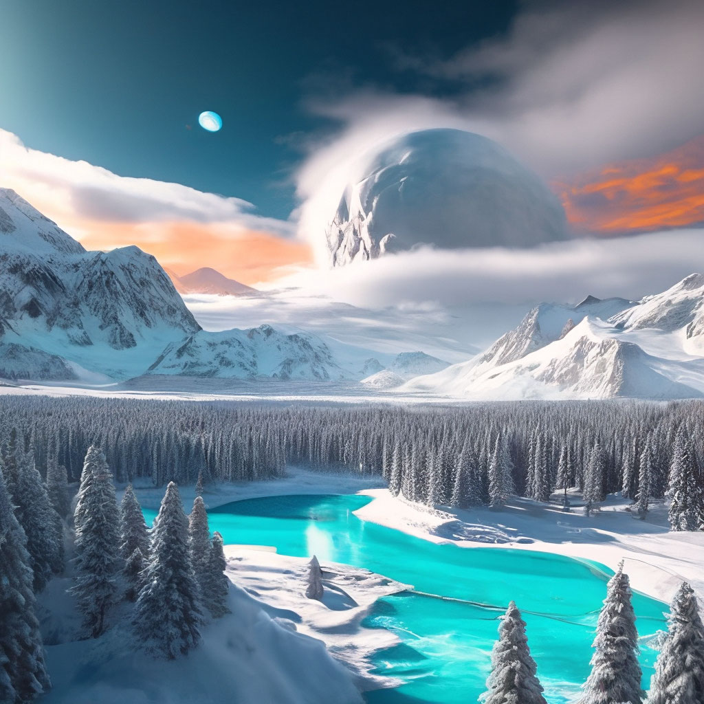 "Alien landscape,Majestic snow-white clouds cover a snowy coniferous ...