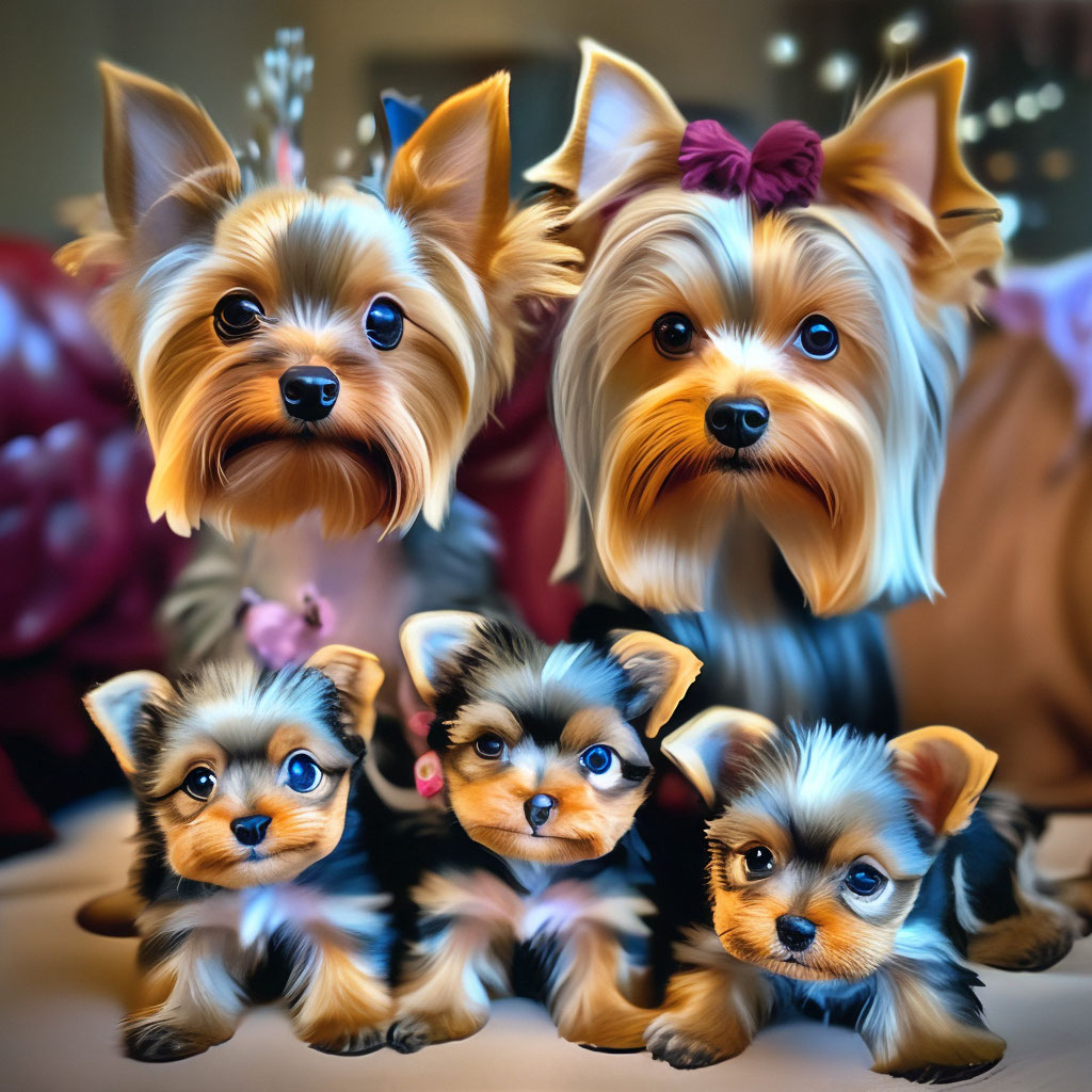 "A family of Yorkshire terriers with cute puppies" — image created in ...