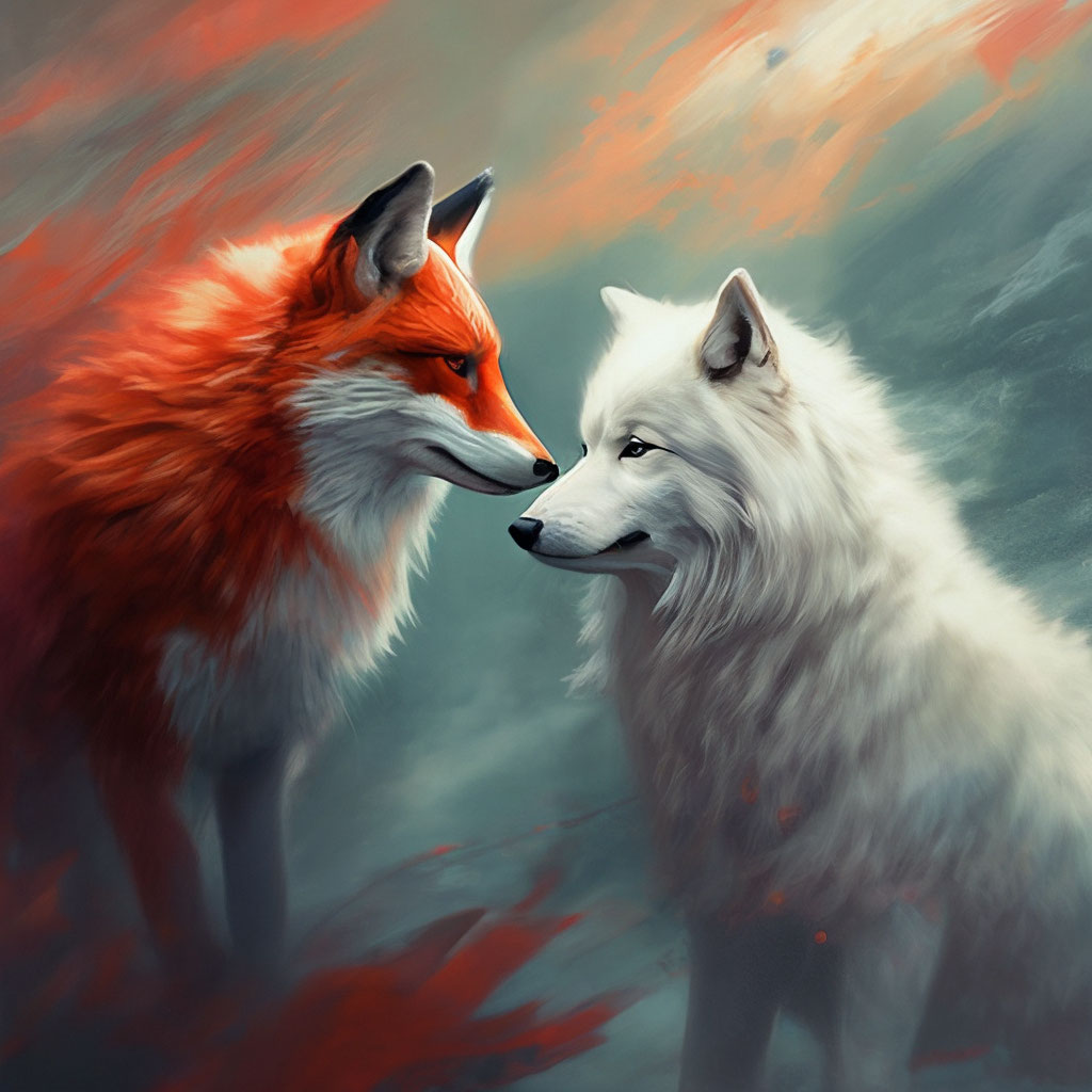 "Red fox and white wolf" — image created in Shedevrum