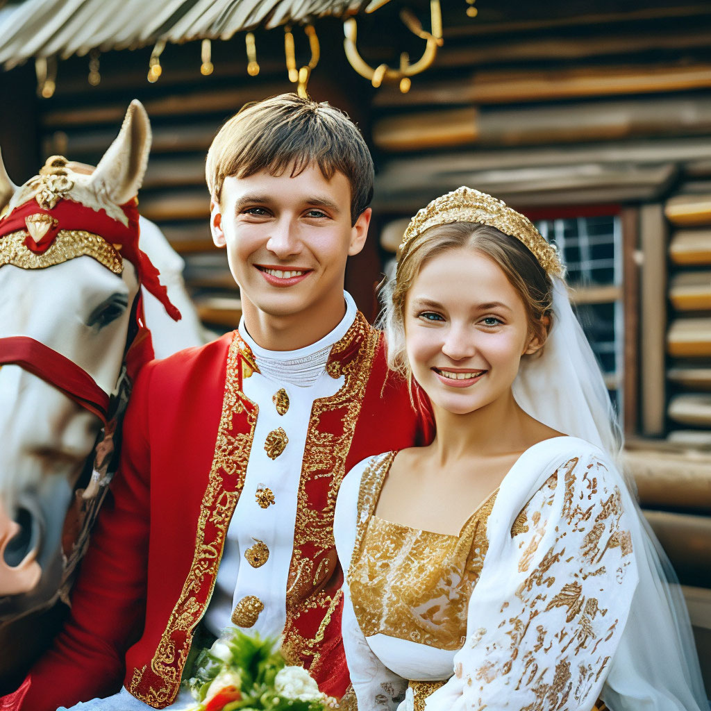 "Russian village wedding,young and cheerful bride and groom riding on a ...