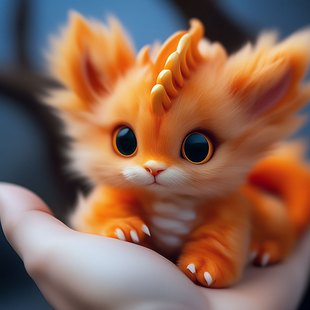 "Fluffy Dragon Cat. orange, realistic tiny fluffy dragon in the form of ...