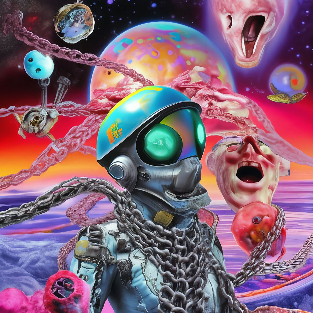 "Collage,the very long tongue of the muzzled astronautman on a chain,space …" — image created in ...
