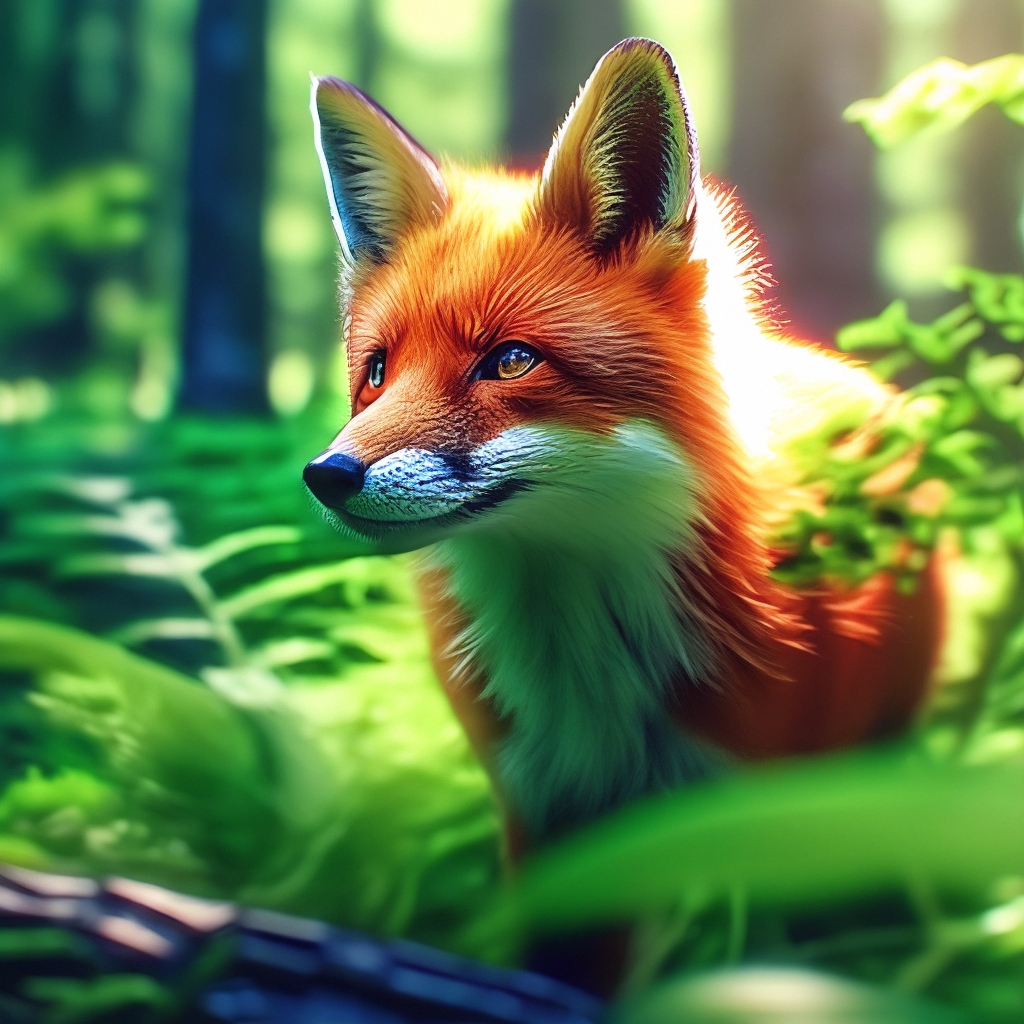 "Bright red fox, green forest, hyper realistic, 32k" — image created in ...