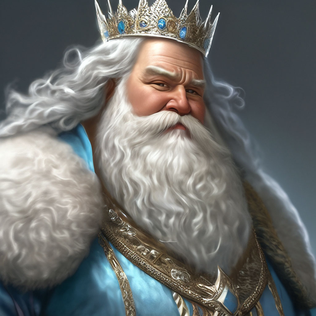 "Tall old handsome fat king, silver long hair, silver full beard, thick ...