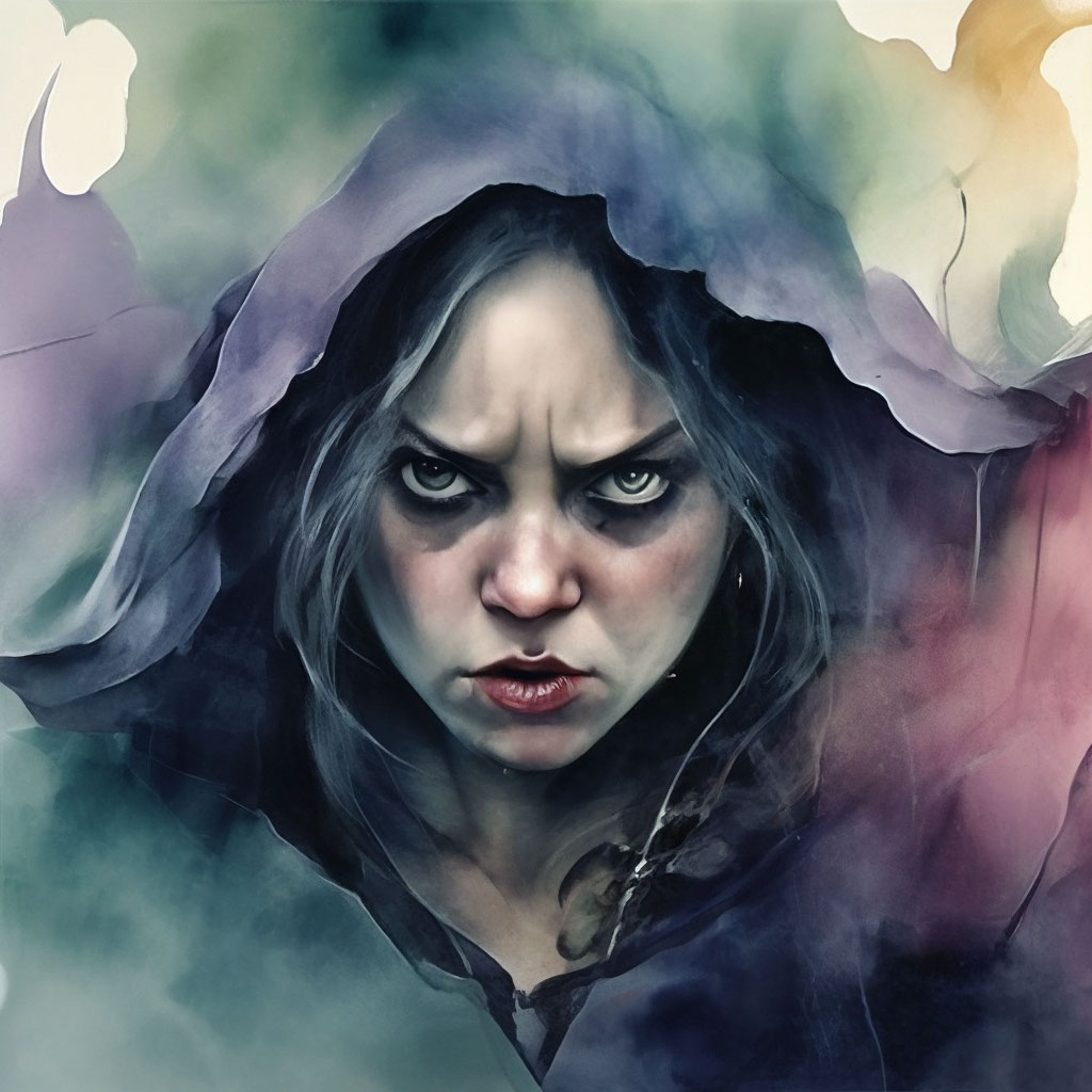 "Grotesque transparent watercolor angry adult girl witch darkness ...
