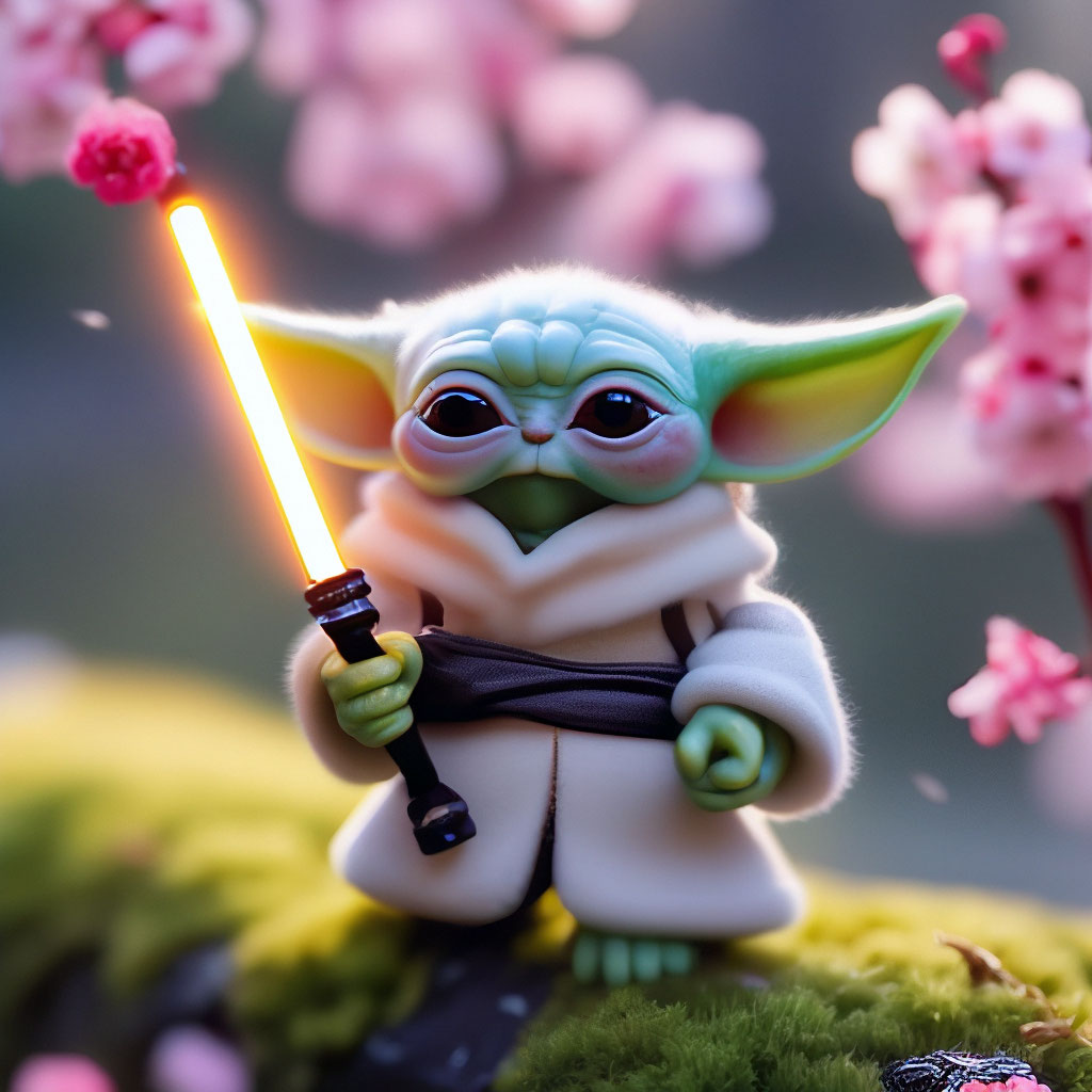 "Fluffy cute tiny Yoda samurai with lightsabers on the cherry blossom ...