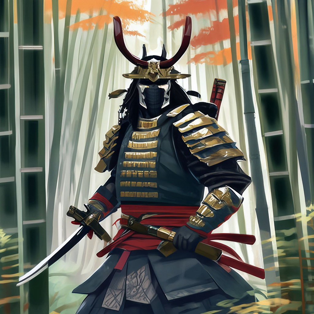 "A samurai in a samurai mask and armor, half pulling out his sword, in ...