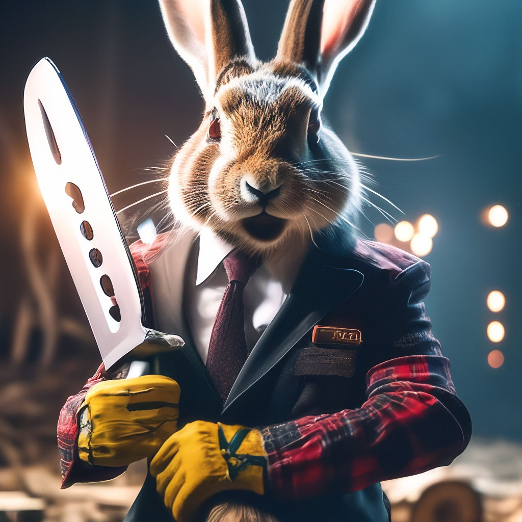 "Hare, in a suit, angry, holding a chainsaw, ready to cut everyone ...