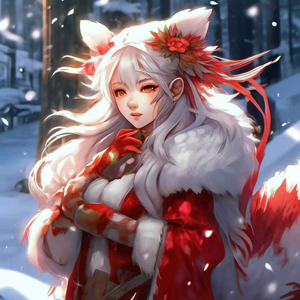 "Kitsune,fiery red, epic, anime manga style,fabulous, full-length elf ...