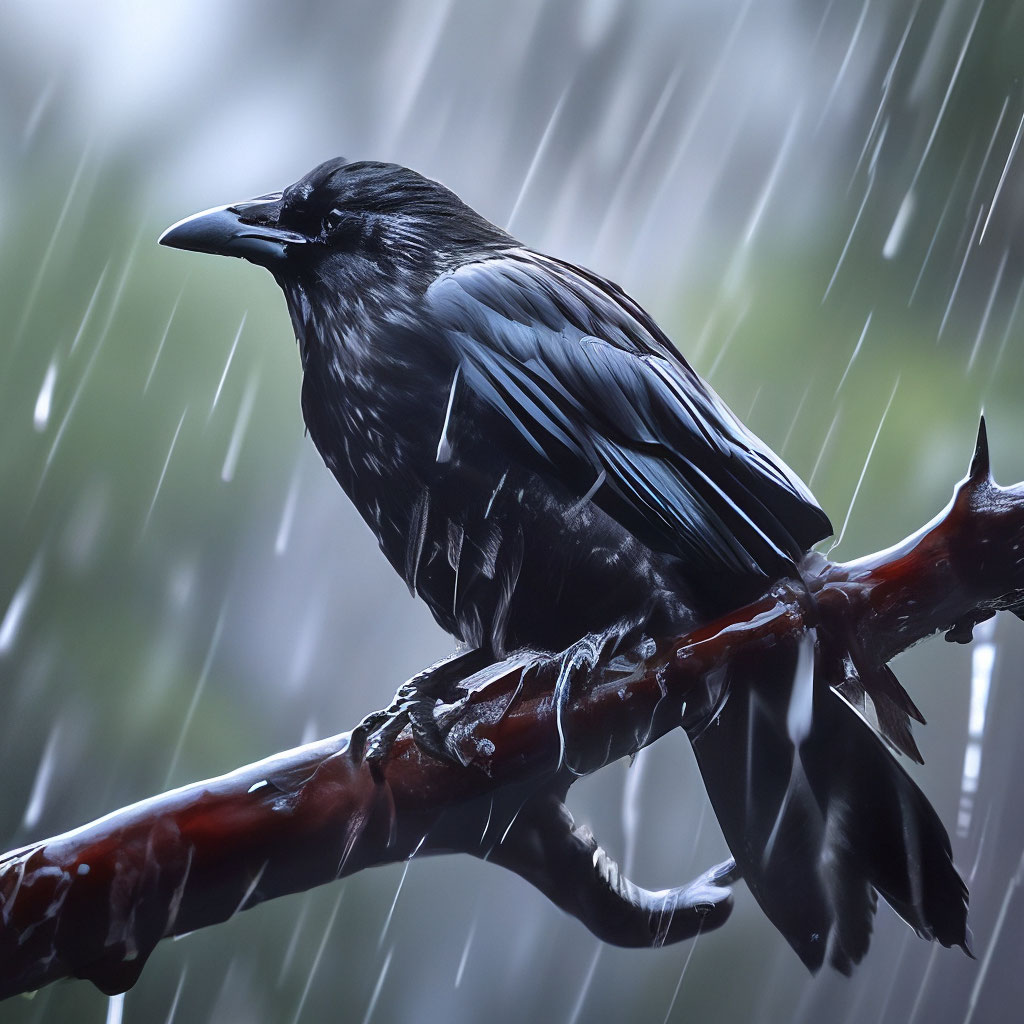 "Crow on a branch in the rain, rain,rain jets,black branch, fog ...