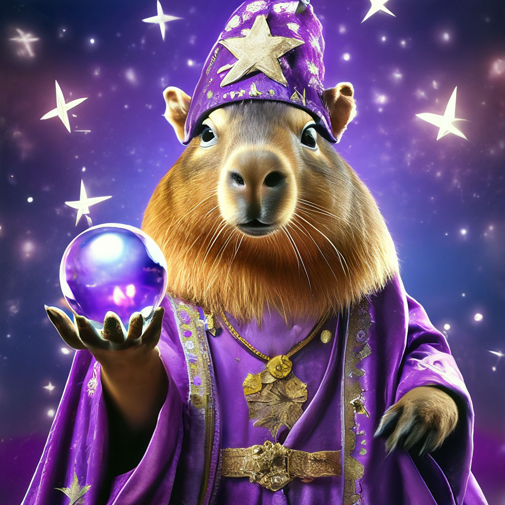 "Hyper realistic capybara is a great magician, in a purple robe with ...