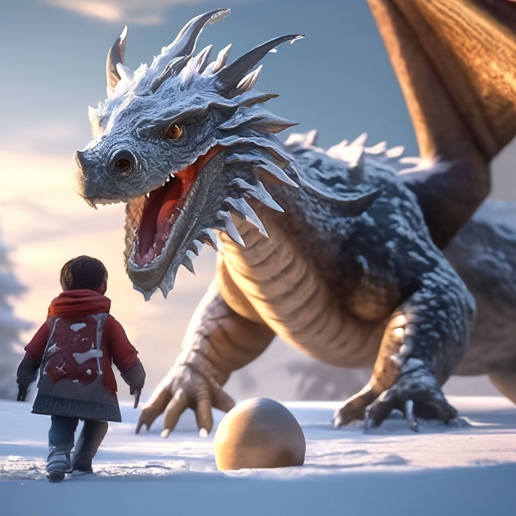 "A dragon runs through the snow and smiles, a boy walks towards him and ...