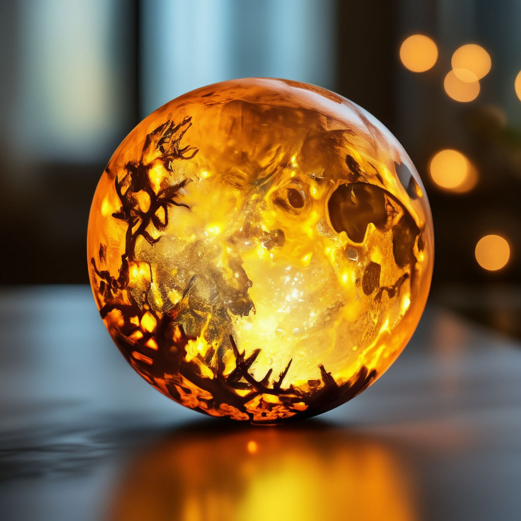 "Transparent epoxy resin moon inside shining stars, neon illumination ...