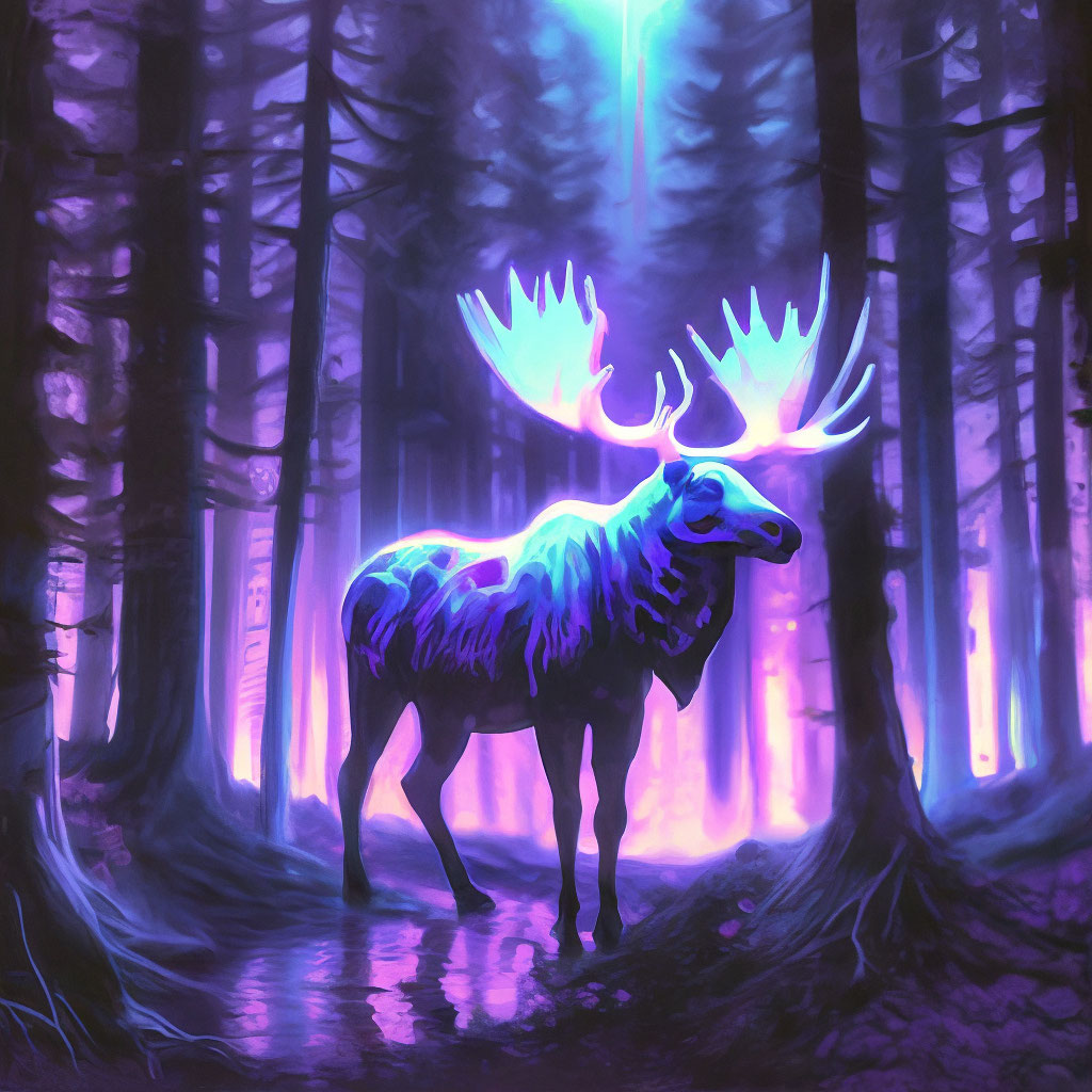 "Translucent purple neon moose ghost in full size in a gloomy mystical ...